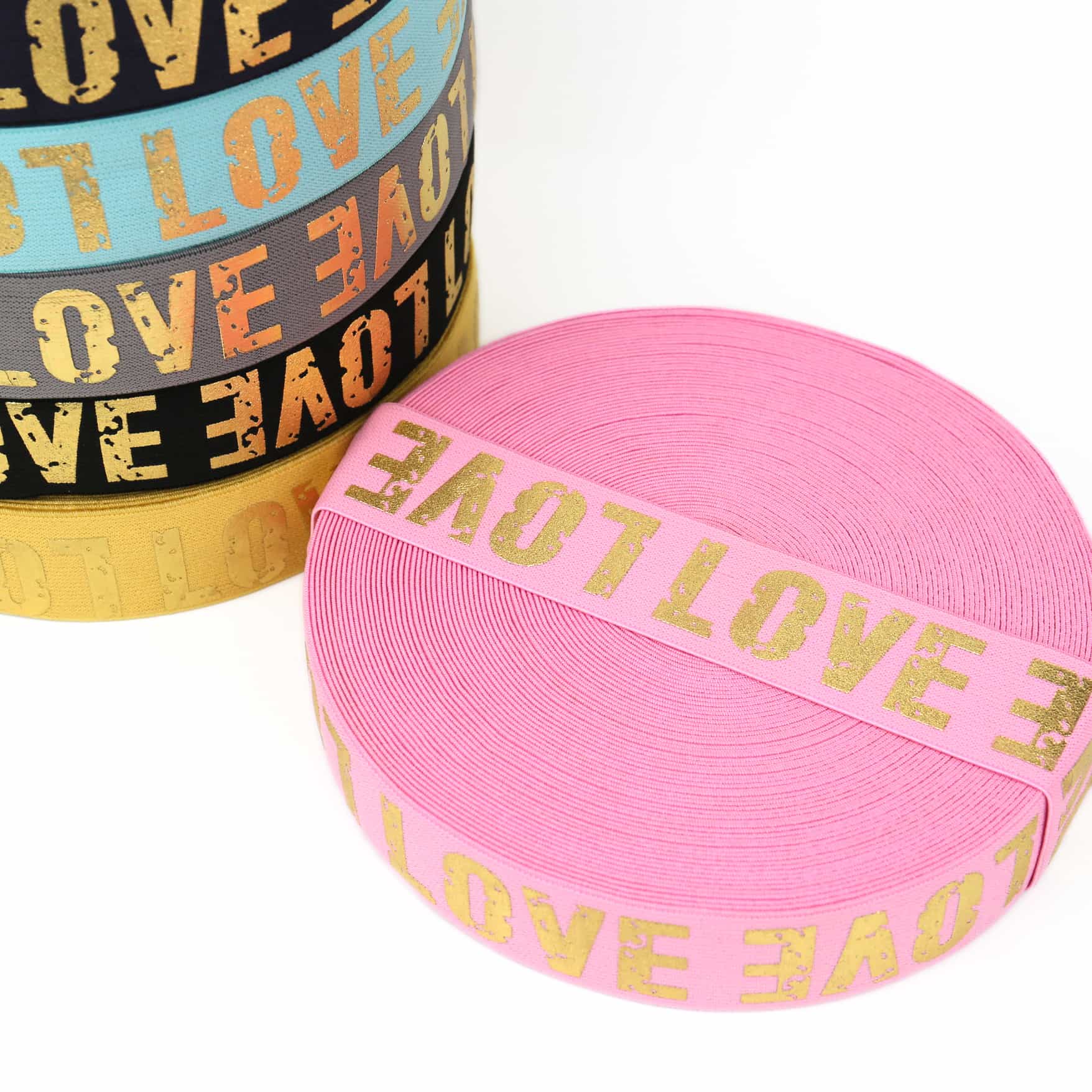 1m Gummiband - Elastisch - Love Golddruck - 40mm - Babyrosa